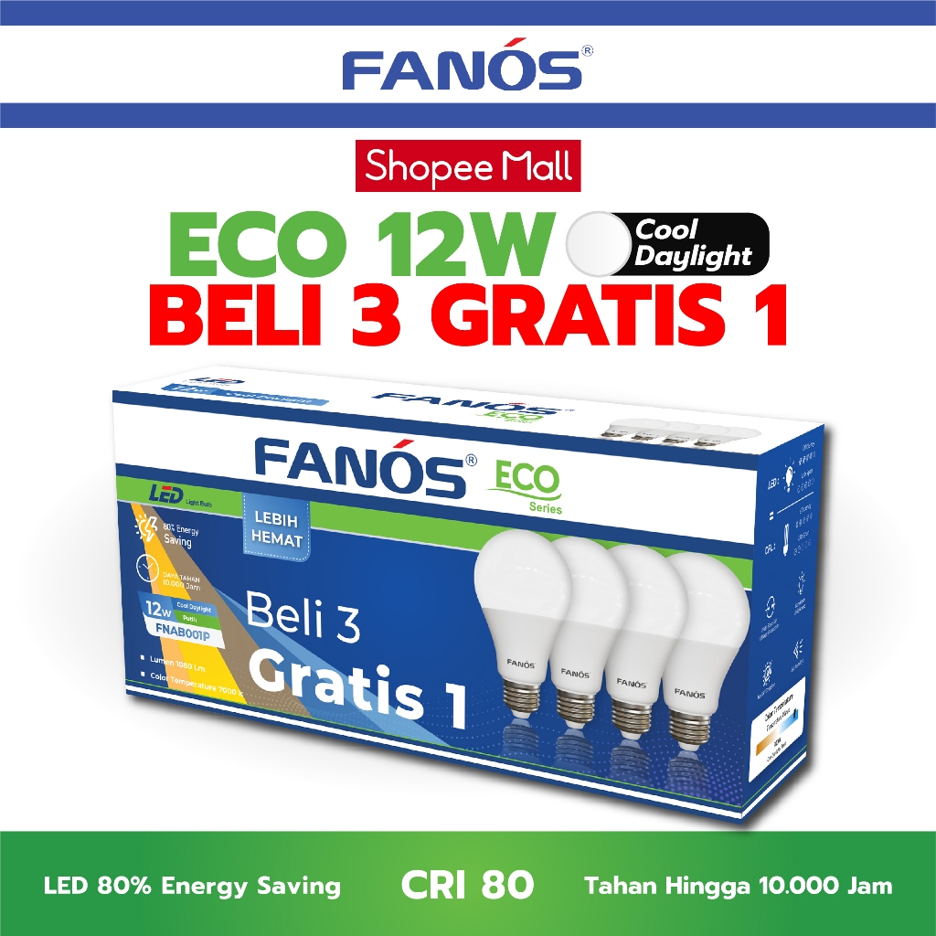 Jual Fanos EcoPack 12W Paket Murah [Beli 3 Gratis 1] Cahaya Putih Lampu LED Bohlam Bergaransi ...