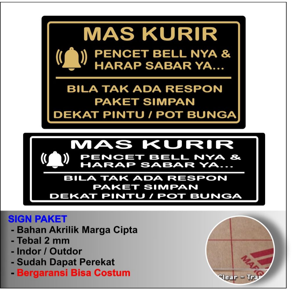 Jual AKRILIK SIGN PENCET BELL MAS KURIR PAKET SIMPAN BAHAN ACRYLIC 2 MM ...