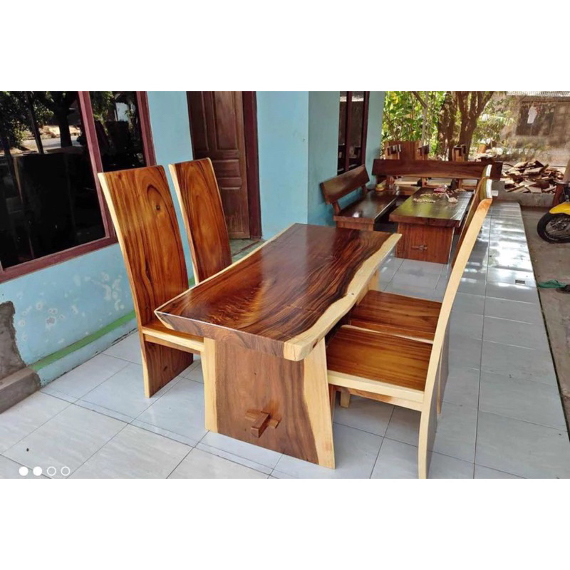 Jual meja makan set trembesi meja makan kursi blok kayu trembesi meja makan solid kayu utuh ...