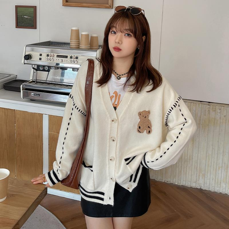 Jual [littlecrab] Cardigan Rajut Bear Putih Pink Oversize Outer Jaket ...