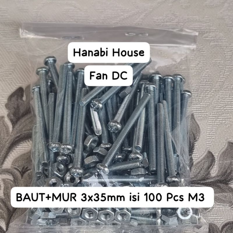 Jual 100 Baut + 100 Mur 3X35mm Baut JP M3 x Panjang 3.5cm Diameter 3mm Baut Fan DC | Shopee ...