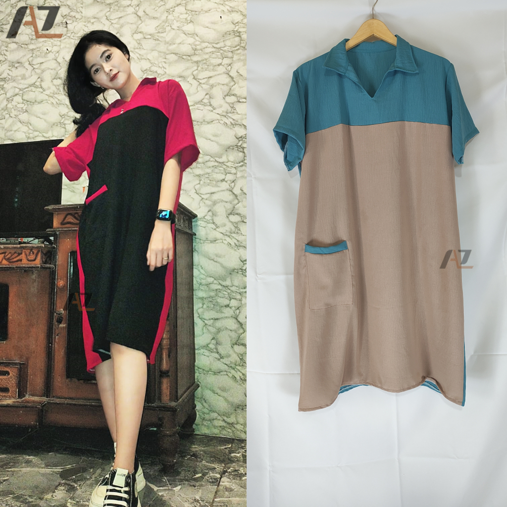 Jual Syarla Dress Wanita Santai Rumahan Kerah Aksen Saku Depan / Baju ...