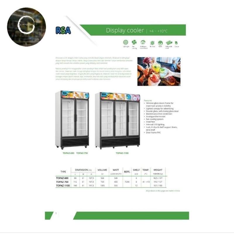 Jual SHOWCASE RSA TOPAZ 600IC No Frost Display Cooler Jabodetabek ...