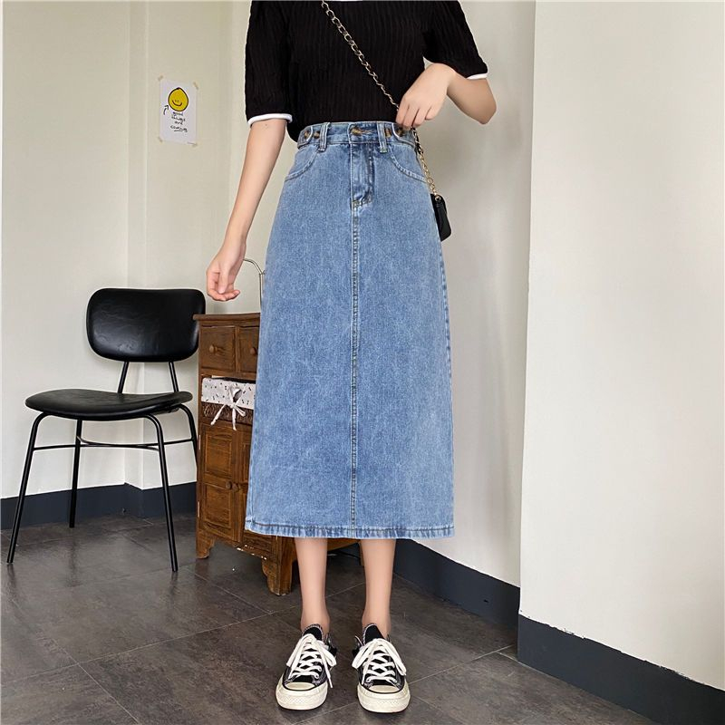 Jual Emily Rok-Rok Midi Denim Fashion Rok A-line Highwaist Biru Retro ...