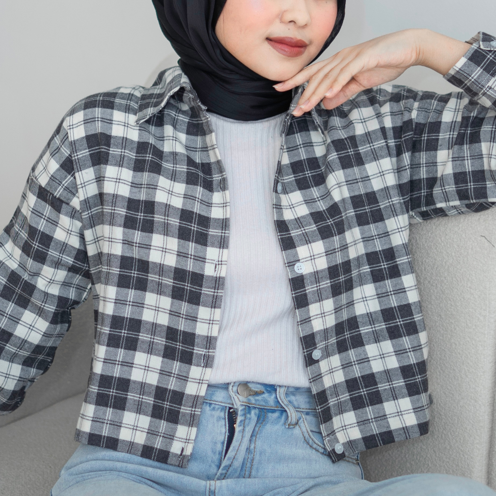 Jual YOORI Kemeja Flanel Wanita Atasan Crop Kotak kotak Cewek Cropped ...