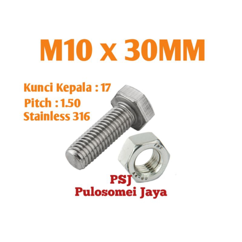 Jual Baut Mur Stainless M10 x 30 mm / Bolt Nut Stainless Steel 316 | Shopee Indonesia