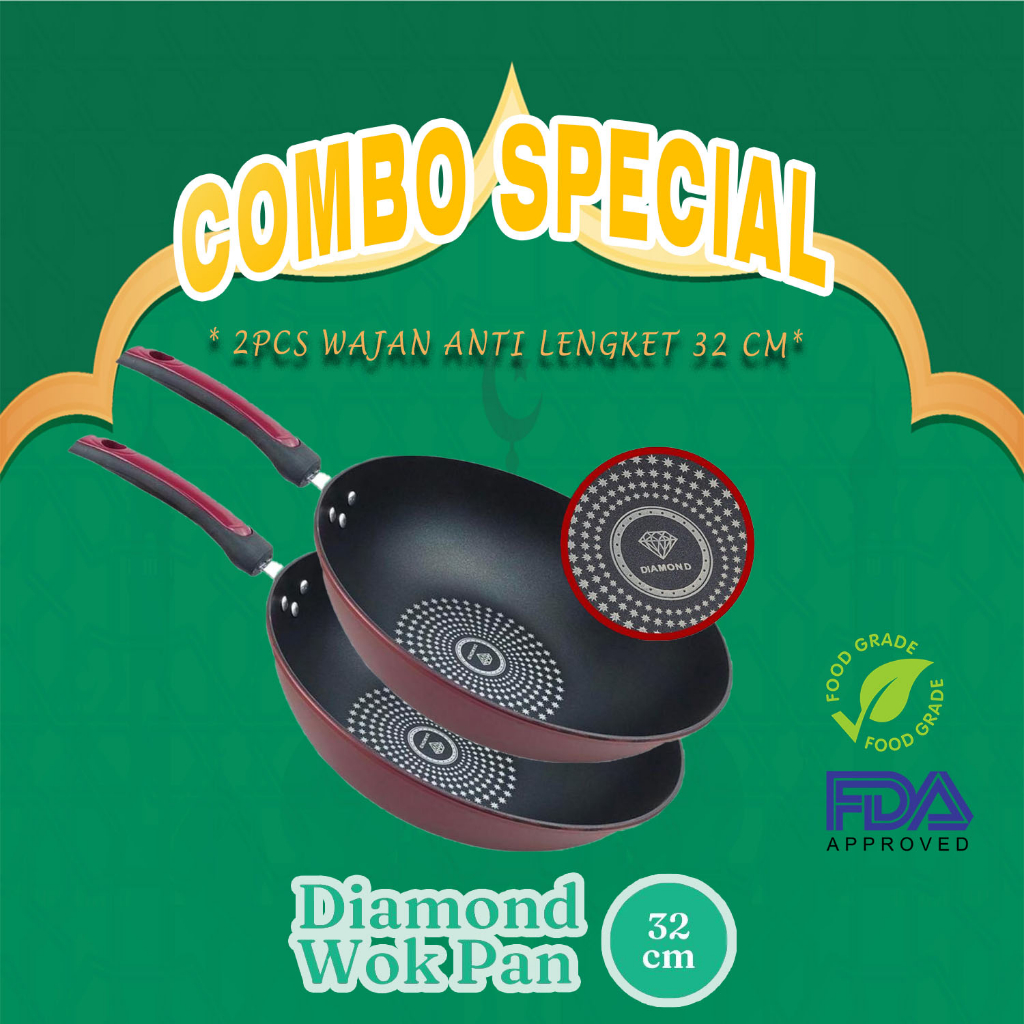 Jual Diamond Wok Pan Handle Kayu Anti Lengket Buy 1 Get 1 Nicemark (COD ...