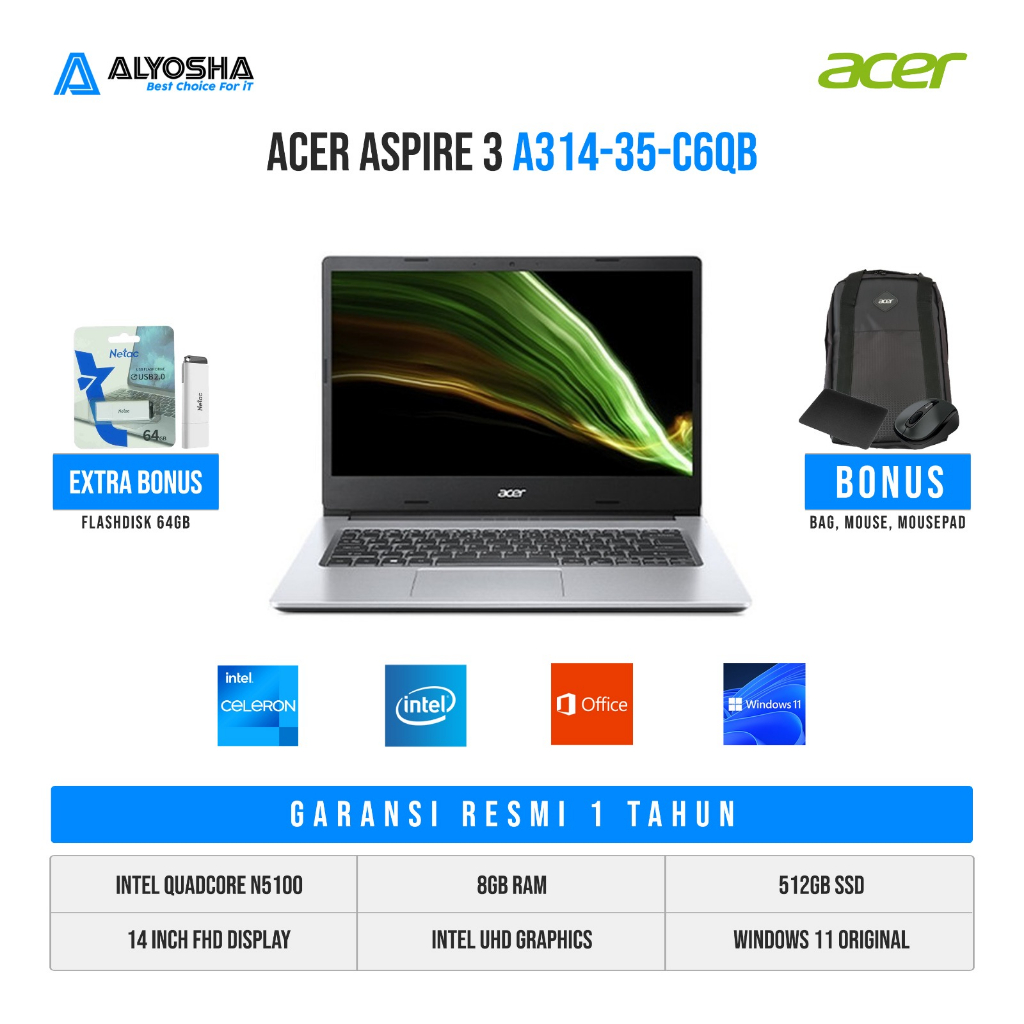 Jual Acer Aspire 3 A314-35-C6QB Celleron N5100-8GB-512GB-14"FHD-WIN11 ...