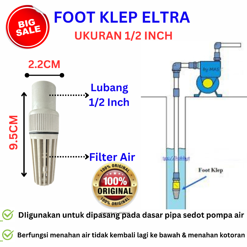 Jual Foot klep Eltra 3/4" 1/2" 1" footklep jumbo saringan pompa air ...