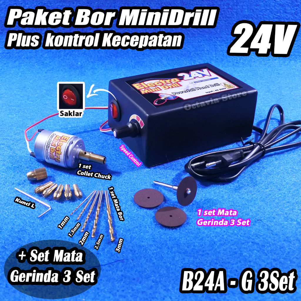 Jual Paket Bor Mini drill 24V Adjustable / plus pengatur kecepatan ...