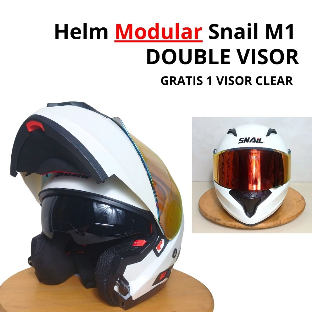 Jual Helm Snail Modular Double Visor M1 Putih Visor Red | Shopee Indonesia