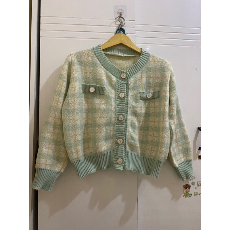 Jual Cardigan wanita korea style korean look button sweater jacket crop square kotak hijau ...