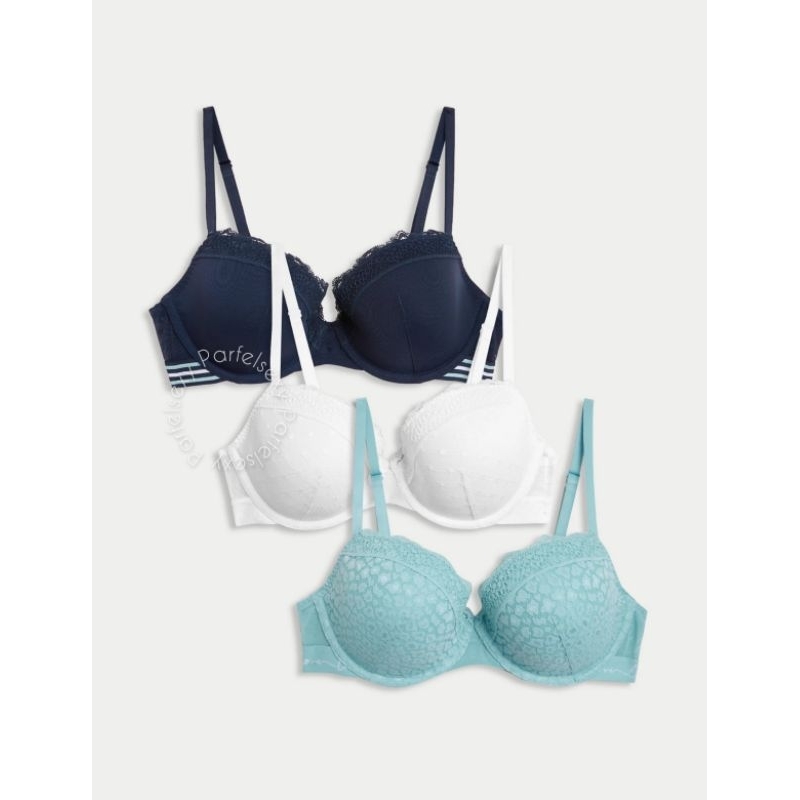 Jual Marks & Spencer London 3 Pack Lace & Mesh Wired Balcony Bra No Push Up 36A T33/2254 ...