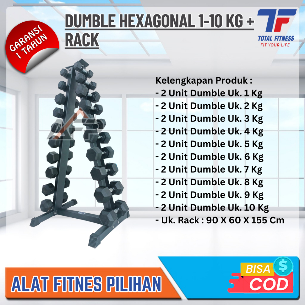 Jual Alat Angkat Beban Dumble Set Hexagonal 1 - 10 Kg + Rack Segitiga ...