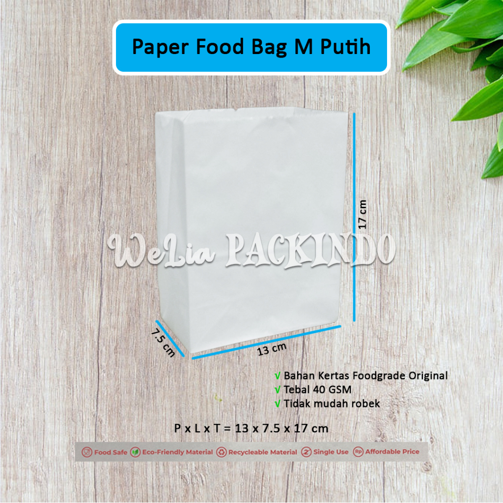 Jual [1 PCS] Paper Food Bag M Putih 13x7.5x17 Flat Bottom White ...