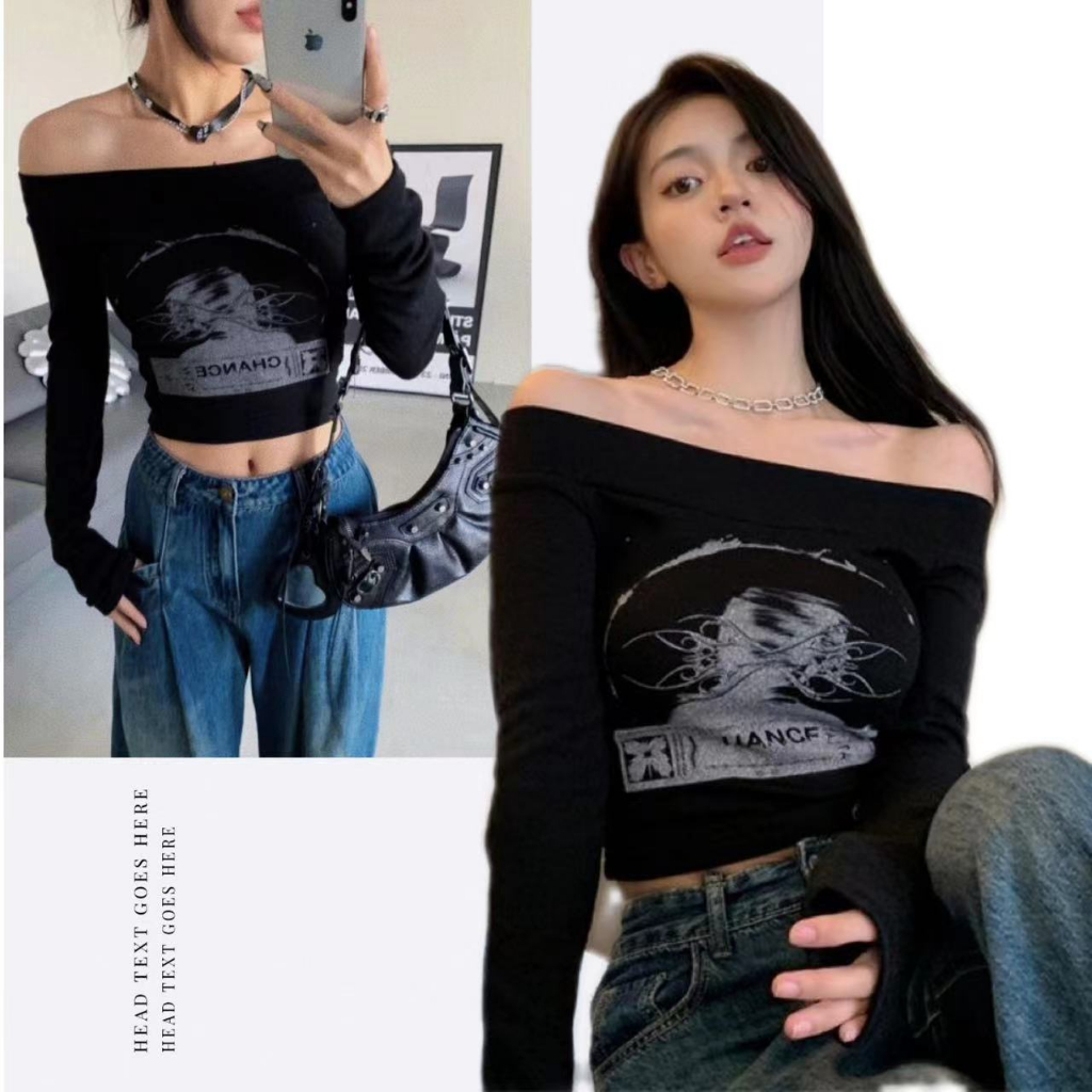 Jual COD##atasan off shoulder lengan panjang hitam/slim fit Crop Top ...