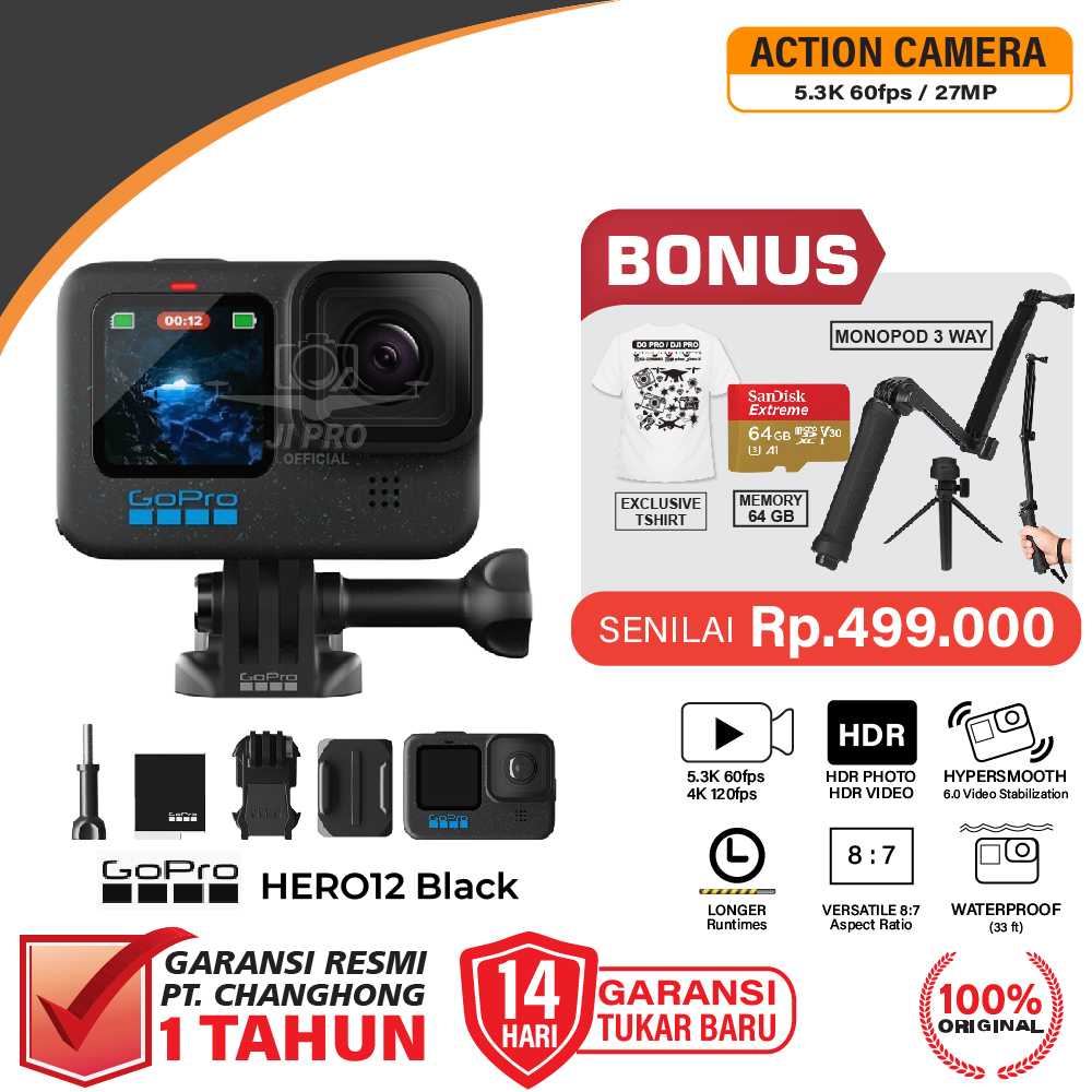 Jual GoPro Hero 12 Black Action Camera Go Pro Hero12 Action Cam Resmi | Shopee Indonesia