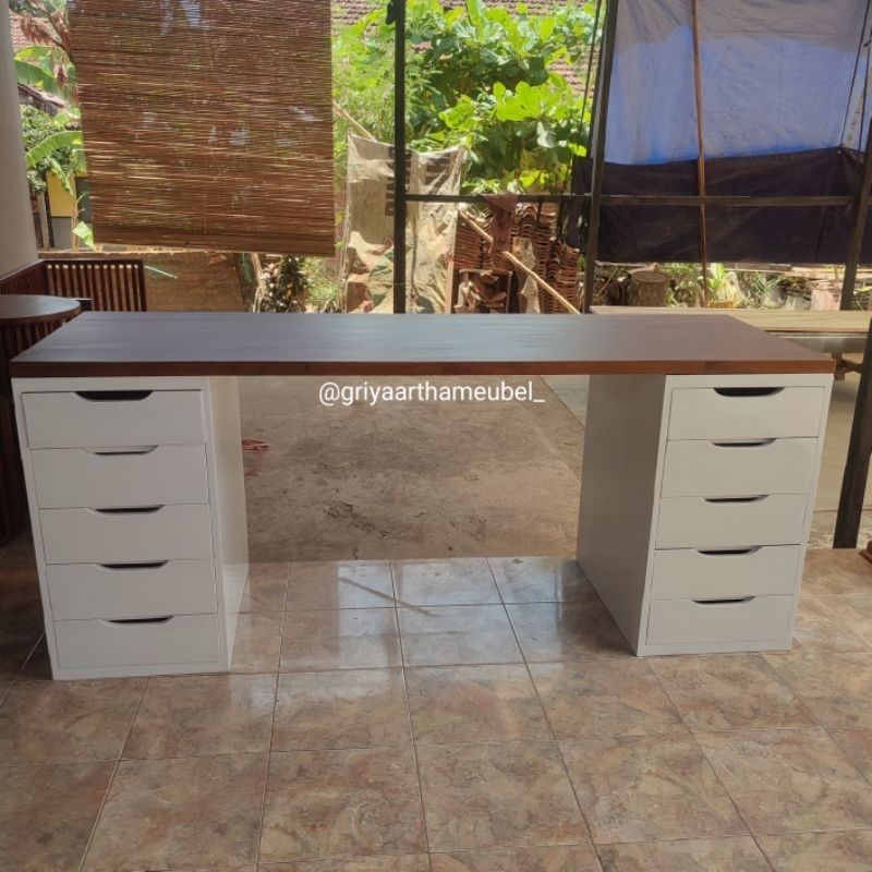 Jual meja kerja top kayu jati, meja kerja plus Nakas laci | Shopee ...