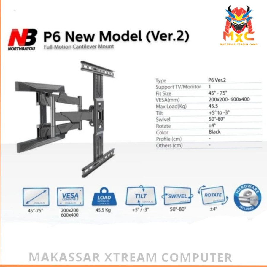 Jual Bracket TV Monitor LED LCD North Bayou NB P6 NBP6 45"-75" New ...