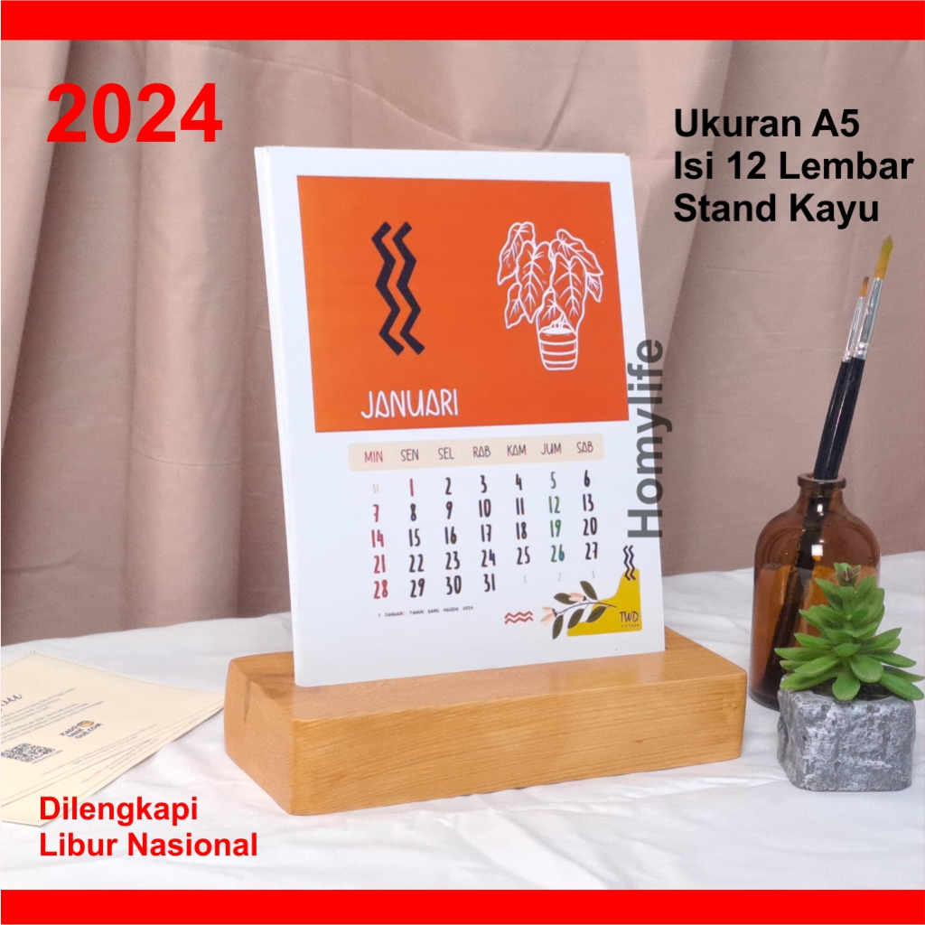 Jual Kalender Meja STAND KAYU aesthetic Dilengkapi Libur Nasional dan Cuti Bersaama ukuran A5 12 ...