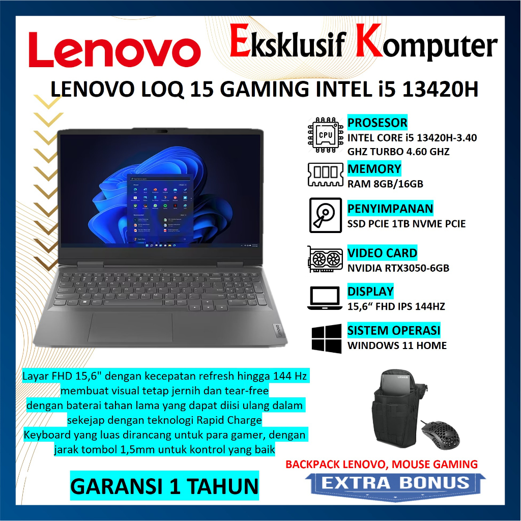 Jual LAPTOP LENOVO LOQ 15 GAMING INTEL I5 13420H SSD RTX3050-6GB FHD ...