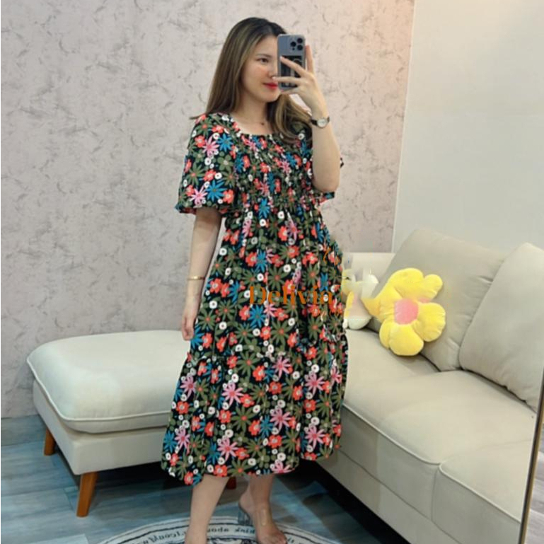 Jual IL - DRESS CHIARA MOTIF BUNGA SMOCKED KOREA LENGAN PENDEK DENGAN ...