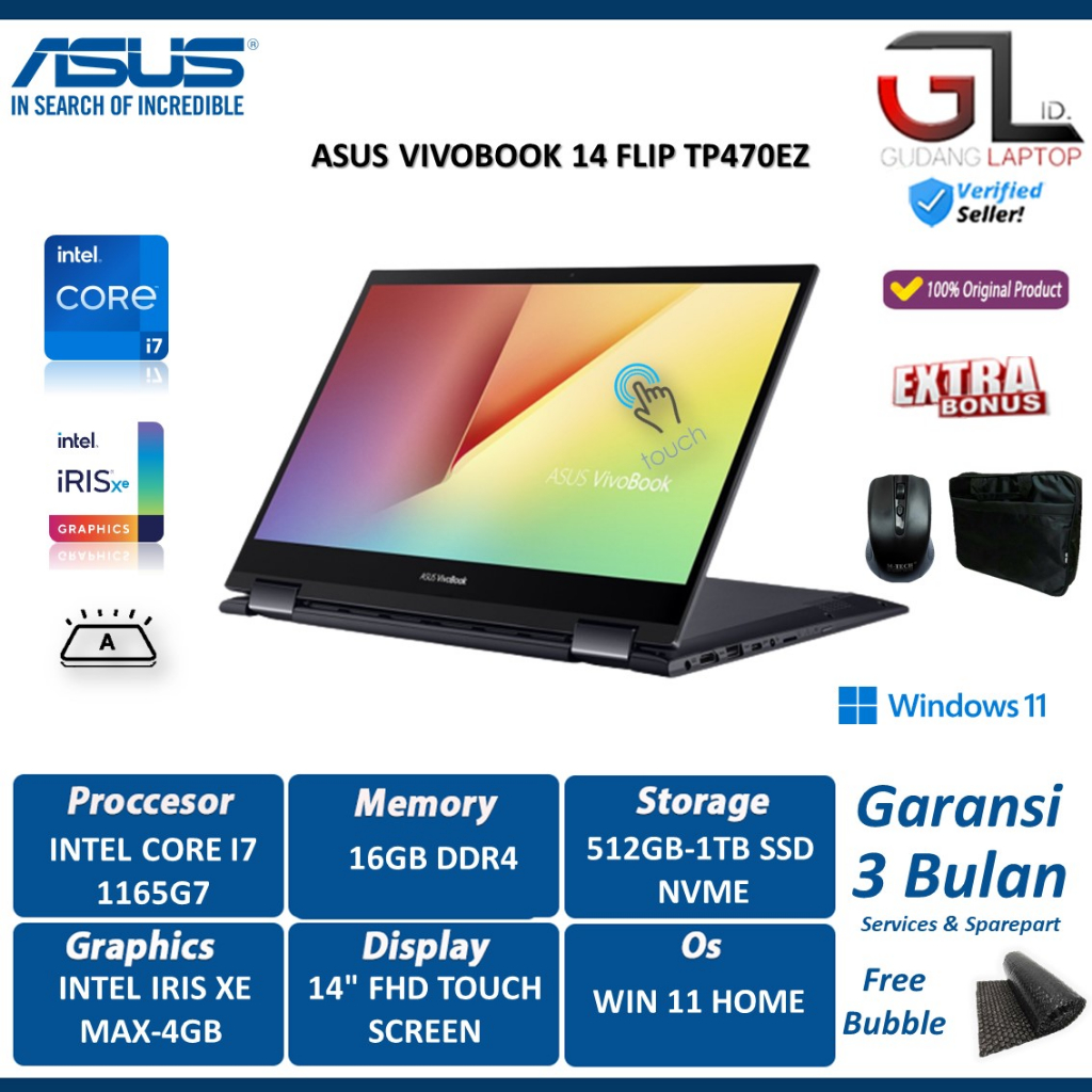Jual Laptop Touchscreen 2in1 Asus Vivobook Flip TP470EZ INTEL I7 1165G7 16GB 1TB SSD IRIS XE MAX ...