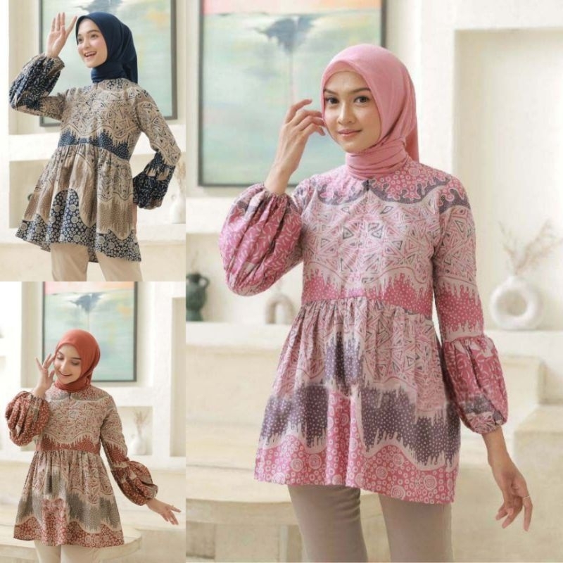 Jual Baju Batik Wanita Atasan Batik Wanita Moderen Motif Lyodra Lengan Balon | Shopee Indonesia