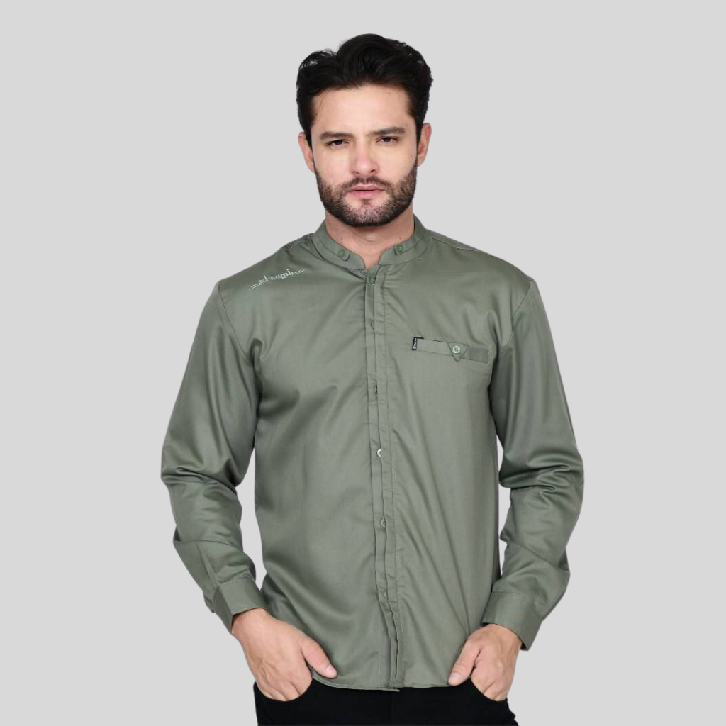 Jual Baju Koko Pria Lengan Panjang Polos Warna Sage Kombinas Bordir Elrumi Shopee Indonesia