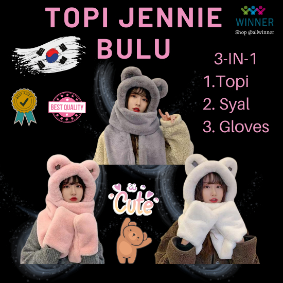 Jual TOPI JENNIE BERUANG BULU SYAL LEHER TELINGA BERUANG Topi Beanies ...