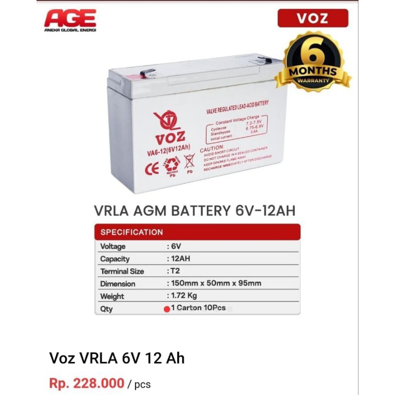 Jual Baterai Voz VRLA AGM Aki kering 6 Volt 6V / 12Ah | Shopee Indonesia