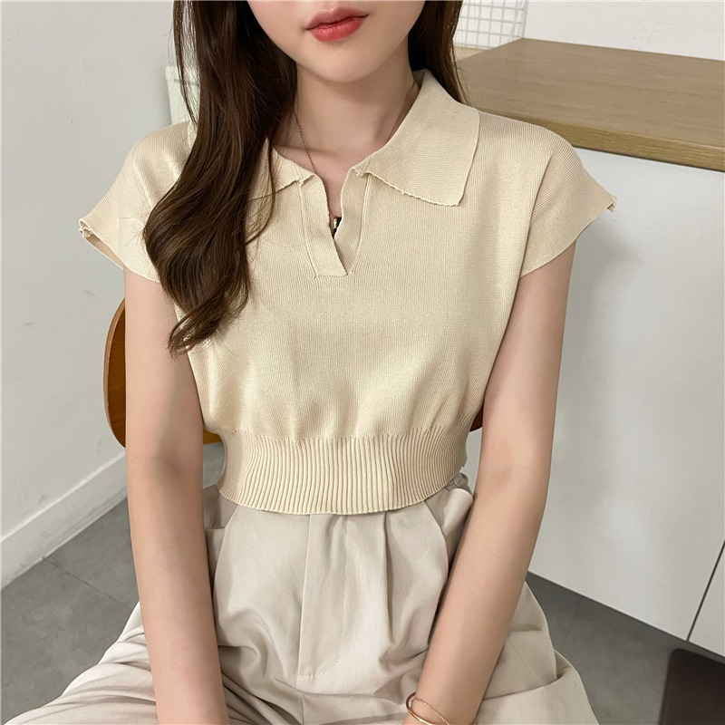 Jual Atasan Crop Top Blouse berKerah polo Rajut / T-shirt Korean Vneck Kra Wanita | Shopee Indonesia
