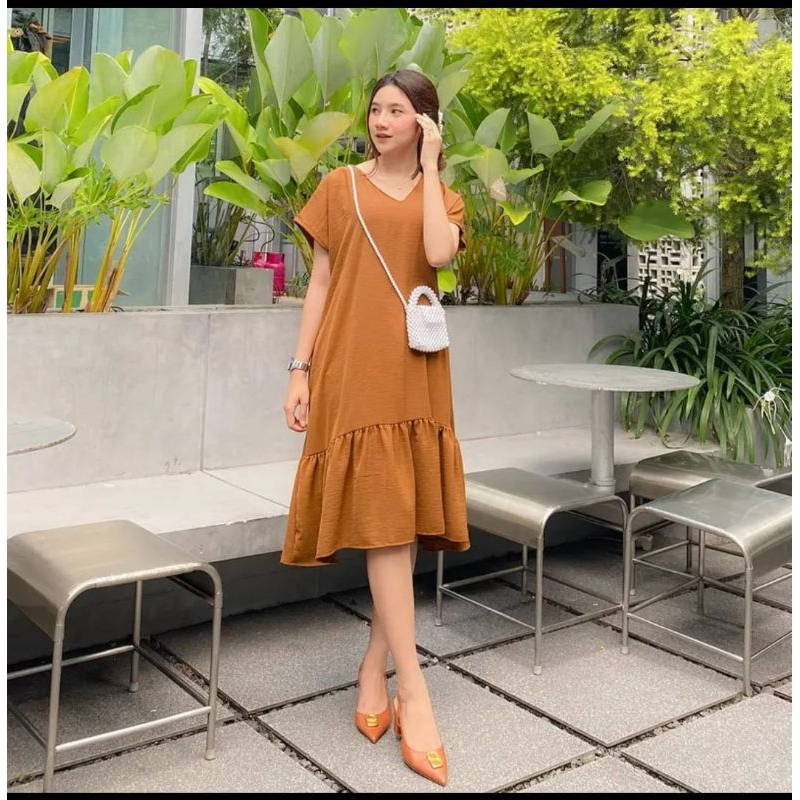 Jual Jennie Dress Daster Kekinian Wanita Ruffle Kerah V neck Crinkle ...