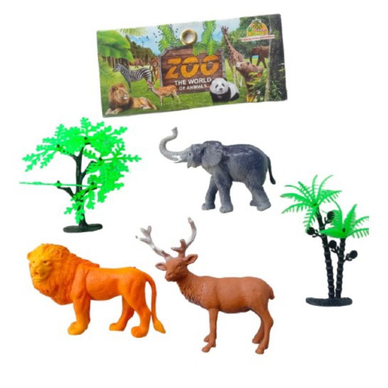 Jual Mainan Animal Zoo the world Hewan karet isi 3 plus pohon mainan ...