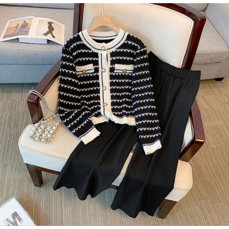 Jual Eun kyung-knit stripe sweater in Black/cardigan rajut halus garis ...
