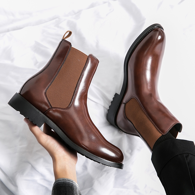 Jual COD Sepatu Chelsea Boots Tinggi Pria Formal Tanpa Tali Kulit Asli ...
