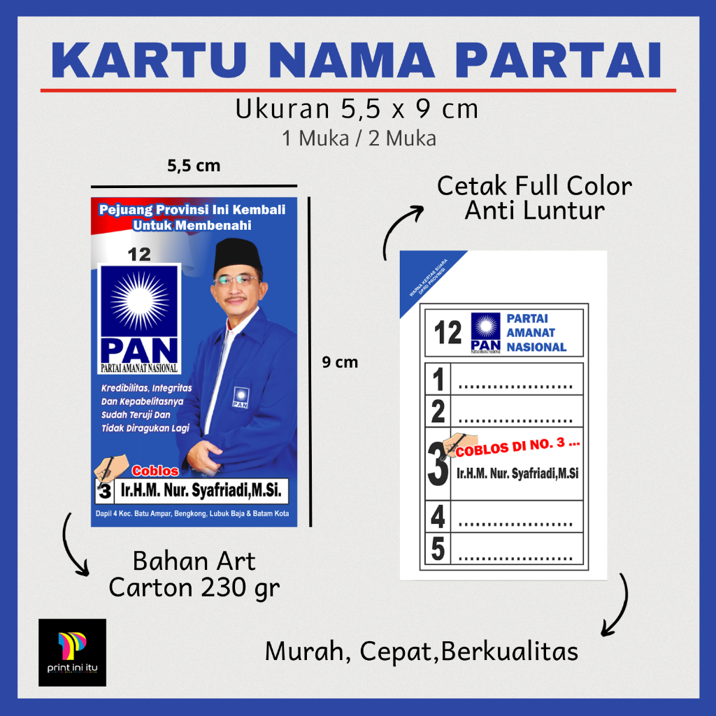 Jual KARTU NAMA CALEG/ KARTU NAMA PARTAI CALEG 2024 1 MUKA 2 MUKA AC ...