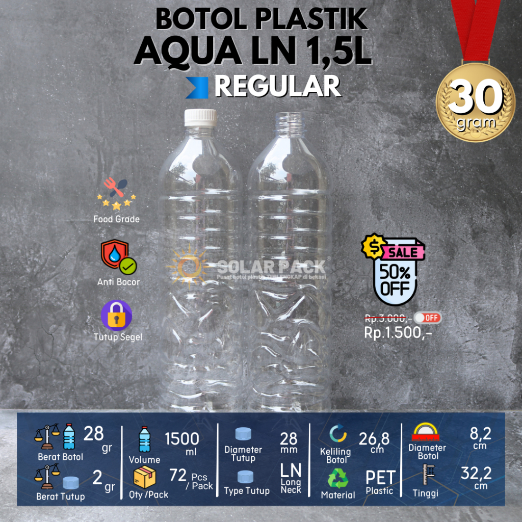 Jual Botol plastik PET 1,5liter 1500ml aqua minuman mineral jus susu kopi tutup warna-warni ...