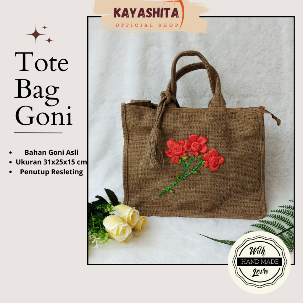 Jual Tas Wanita Tote Bag Kanvas Goni Asli Hiasan Bunga Sulam Pita ...