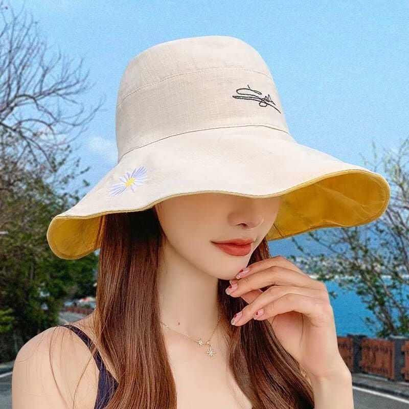 Jual Topi Wanita Bisa Dua Warna Lebar Bucket Bunga Daisy / Topi Pantai ...