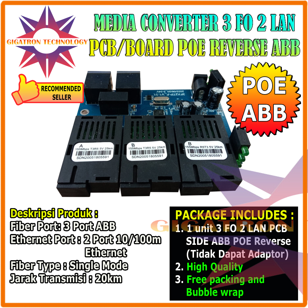 Jual Media Converter Fiber Optic 3 Port FO 2 Port LAN POE 10/100 PCBA ...
