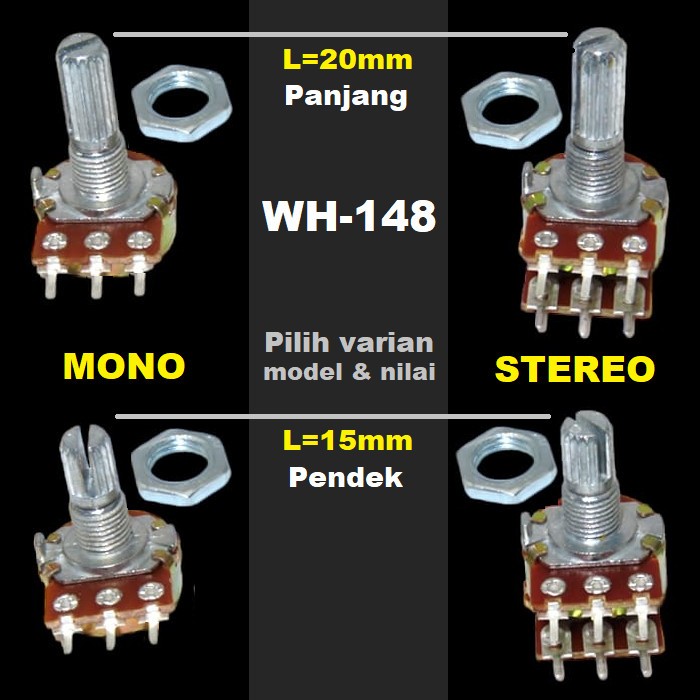 Jual Potensiometer potensio Mono Stereo 1K 2K 5K 10K 20K 50K 100K 200K ...
