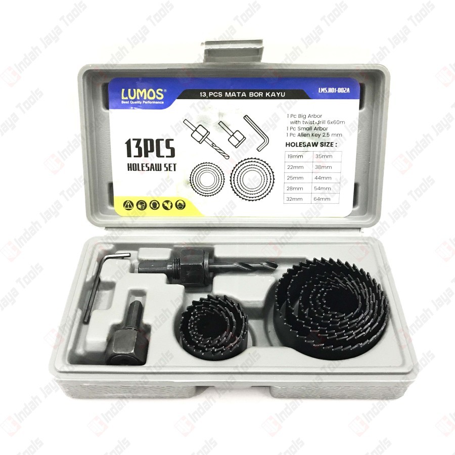 Jual HOLESAW SET 13 PCS LUMOS / HOLE SAW KIT UNTUK PIPA PARALON PVC ...