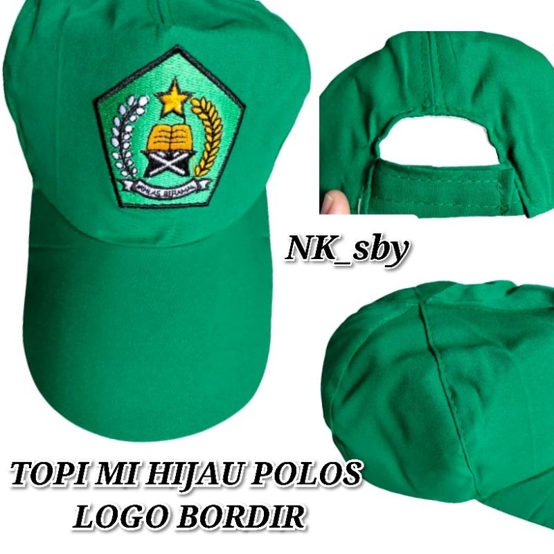 Jual TOPI MI HIJAU POLOS LOGO BORDIR (PEREKAT ) | Shopee Indonesia