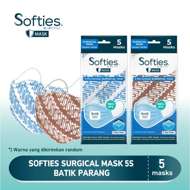 Jual SOFTIES 3 Ply Earloop Surgical / Daily Mask Isi 5 - Masker 3 Lapis ...