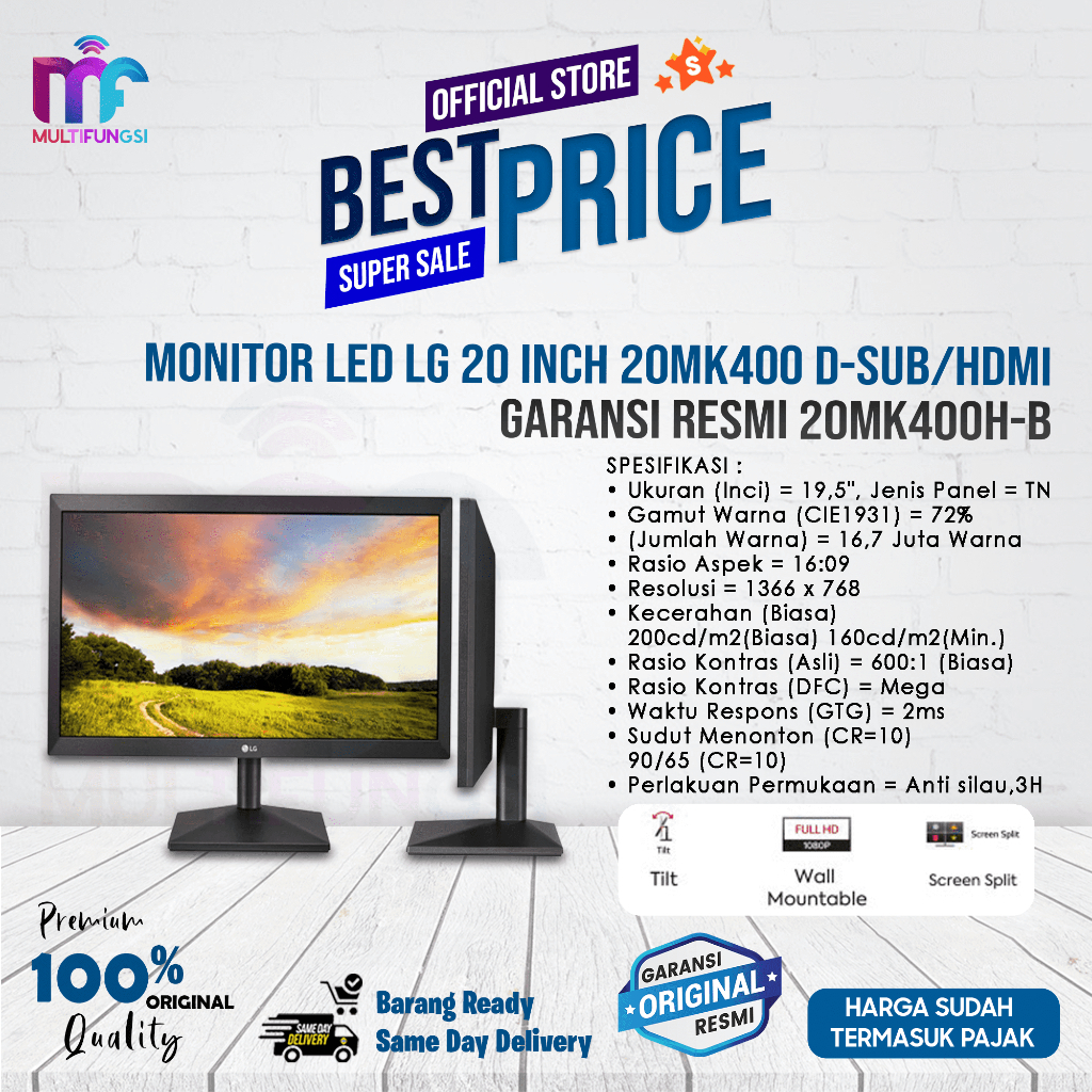 Jual Monitor LED LG 20" 20MK400H-B HDMI/DSUB 20MK400 WXGA Garansi Resmi ...
