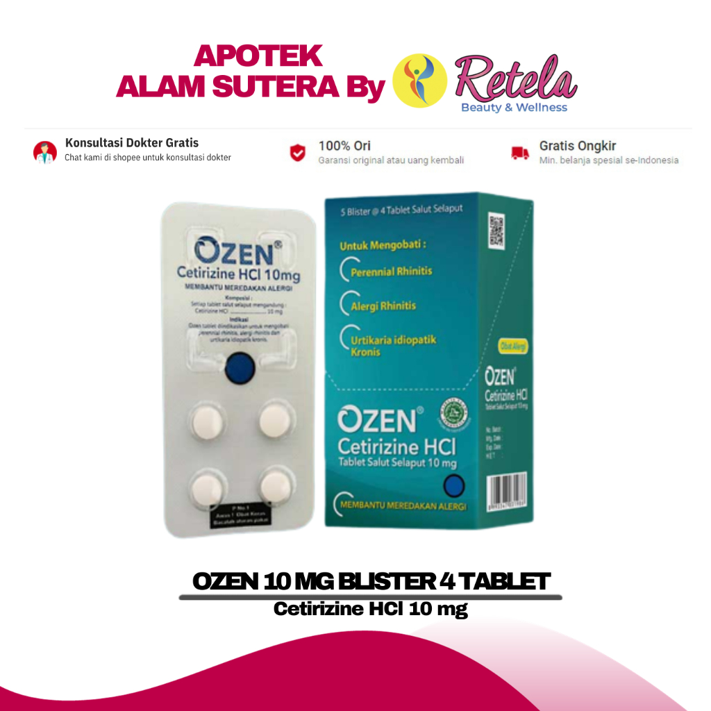 Jual OZEN 10 MG BLISTER 4 TABLET/CETIRIZINE/ANTI HISTAMINE/ANTI ALERGI ...