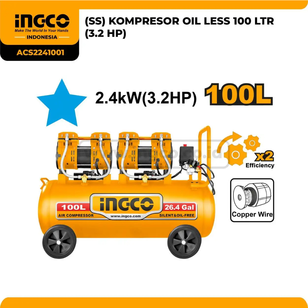 Jual Mesin Kompresor 100L Oilless 3.2HP INGCO ACS2241001 Compressor ...