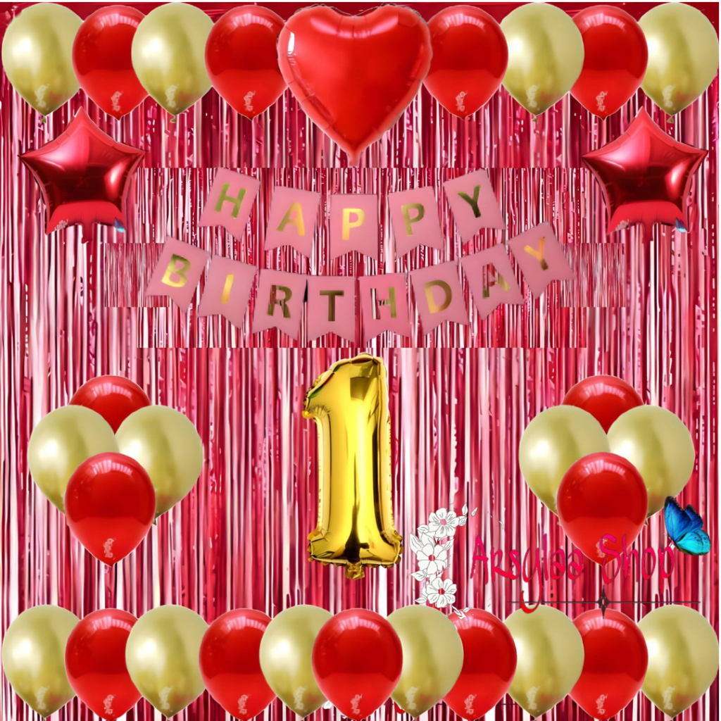 Jual PAKET DEKORASI ULANG TAHUN BANNER SEGILIMA PINK BALON METALIK GOLD ...