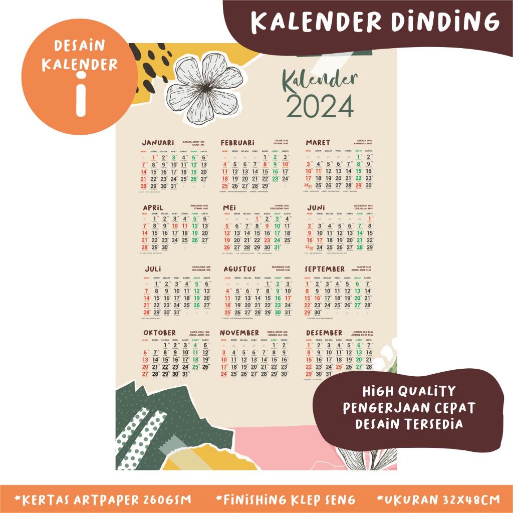 Jual KALENDER DINDING 2023 / 2024 / 1 LEMBAR / 12 BULAN / KLEP ...